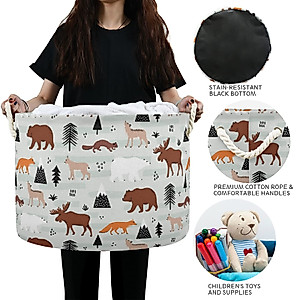 Moose Bear Foxes Trees Wolf Squirrel Seamless Forest Fauna Animals Round Storage Basket Bin, Baby Nursery Organizer with Handles for Toys Clothes, Large Foldable Bucket Waterproof Laundry Hamper