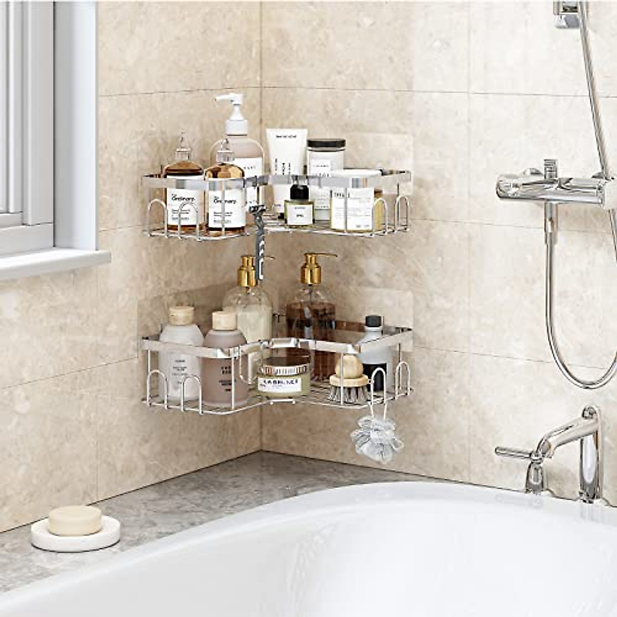 Fixwal 2 Pack Corner Shower Caddy, Adhesive Shower Corner Shelf Organizer with 4 Removable Hooks, No Drilling Shower Shelves for Bathroom Storage (Silver)