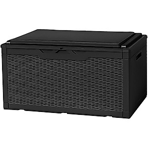 Flamaker Deck Box with Cushion 100 Gallon Waterproof Resin Storage Box with Air Rod Indoor Outdoor Lockable Storage Bench for Patio Furniture, Tools, Pool Accessories (Black)