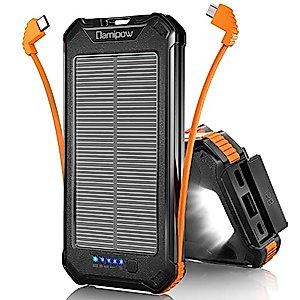 Damipow Portable Charger Solar Charger Power Bank 20000mAh with Built-in USB C & Micro B Cables, iOS Adapter, Flashlight, Waterproof External Battery Pack for for iPhone & Android
