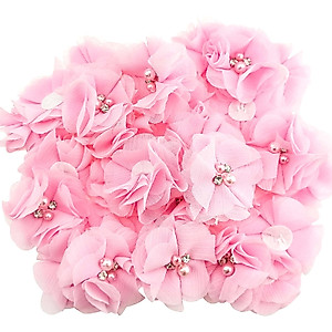 30 PCS Rhinestone Pearl Pink Chiffon Flower Sewing Fabric Appliques for Clothing, Headbands Flower, Crafts, Party Decoration, Sewing Applique