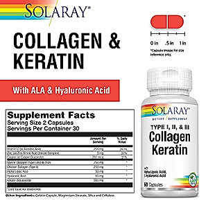 SOLARAY Type I, II & III Collagen Keratin | ALA & Hyaluronic Acid | Hair, Skin & Joint Health Support, 60 Caps, 30 Serv.