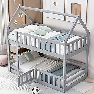 BOVZA House Bunk Bed for Kids Twin Over Twin Size Floor Low Bunk Bed with Fence and Door Wood Loft Bunk Bed Frame for Boys Girls, Gray