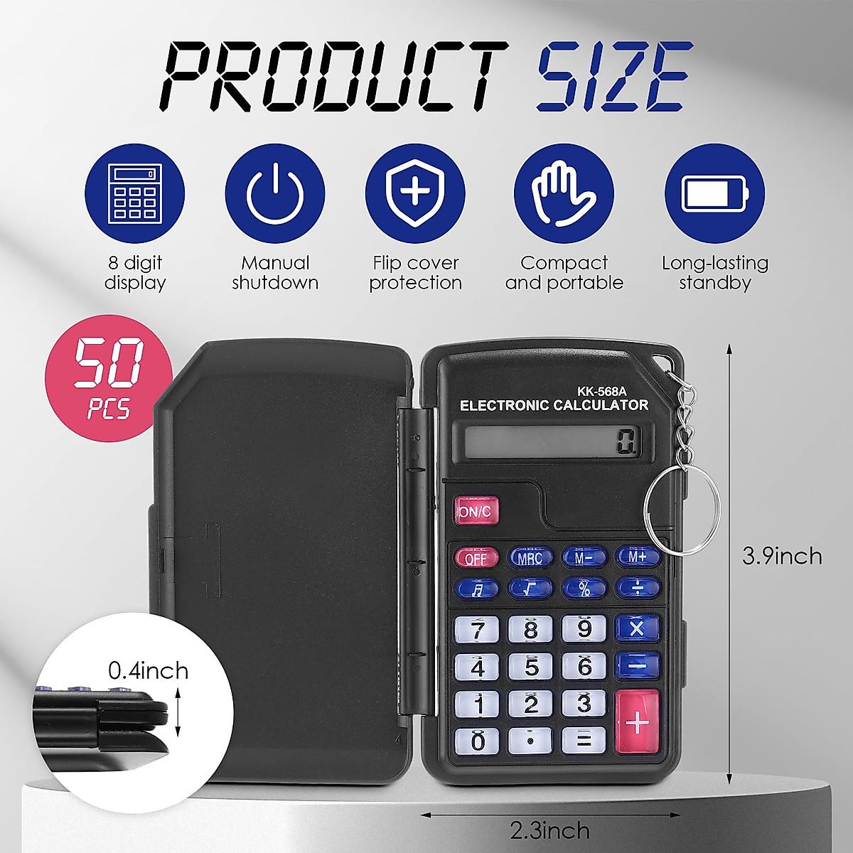 Kanayu 50 Pcs Calculators for Kids Bulk Classroom Supplies Operation Christmas Basic Pocket Calculator Black Mini Small Student with Flip Cover 8 Digit Display Key Ring Portable Back to School Gift
