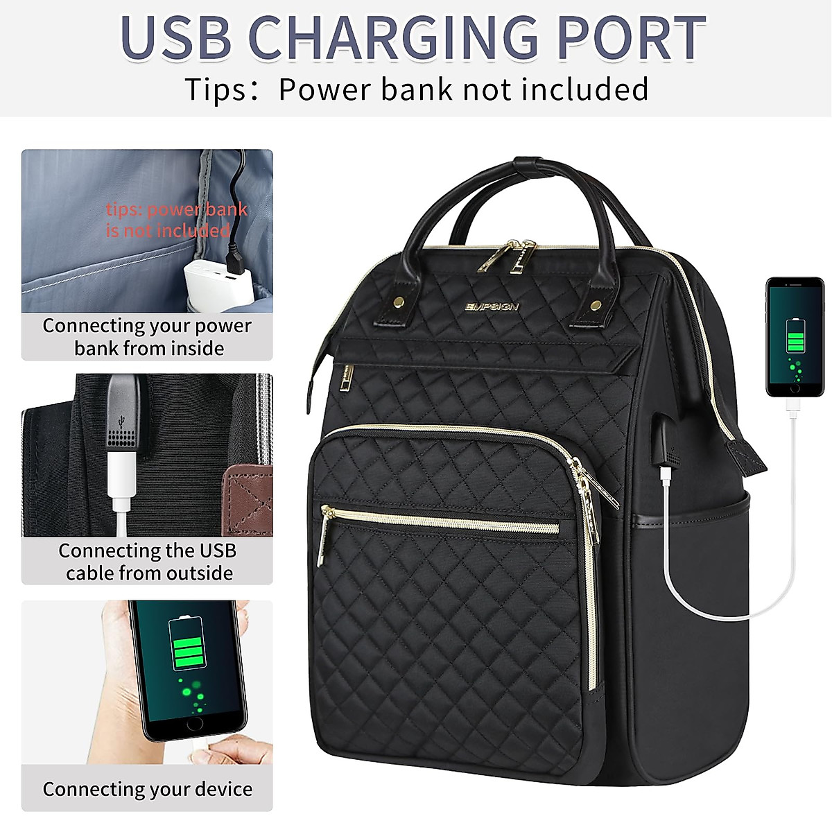 EMPSIGN 17 Inch Laptop Backpack for Women Men Work Laptop Bag Large Capacity with USB Port, Waterproof Purse Backpacks Teacher Nurse Travel Bags Casual Daypacks for School, College, Business, Black