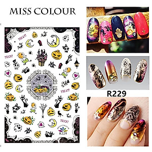 8 Sheets Halloween Nail Art Stickers Decals Self-Adhesive Pegatinas Uñas Cute Scream Horror Skull Spider Web Witch Nail Supplies Nail Art Design Decoration Accessories