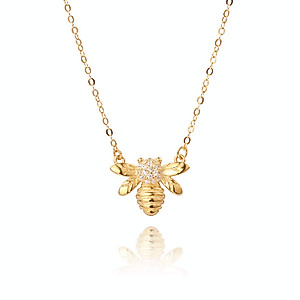 Bee Gold Coin Honeycomb Pendant Choker Necklace for Women Teen Girls S925 Sterling Silver Dainty Crystal CZ Diamond Queen Bee Bumble Bee Hive BFF Necklace Long Chain Cute Animal Charm Jewelry Gift
