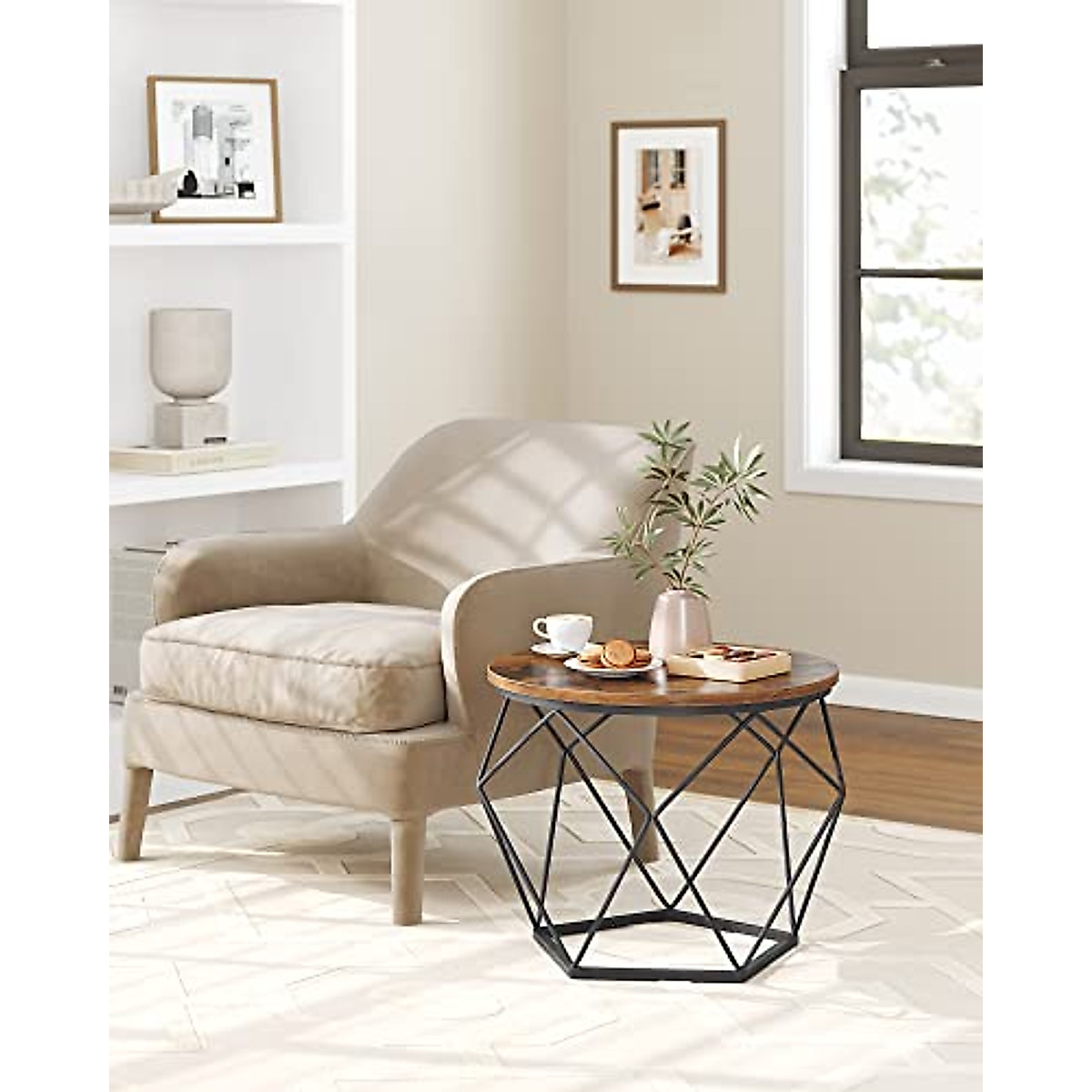 VASAGLE Small Coffee Table Set of 2, Round Coffee Table with Steel Frame, Side End Table for Living Room, Bedroom, Office, Rustic Brown and Black