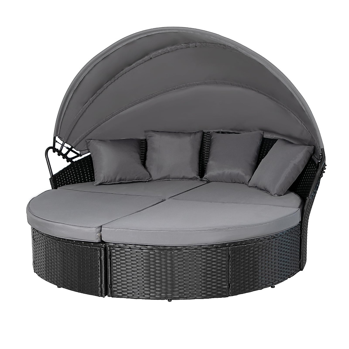 Oakmont Outdoor Patio Furniture Canopy Daybed Round Sofas, 4 Pieces Seating Separates Cushioned Seats, Black Wicker, Lawn Poolside Garden, Grey