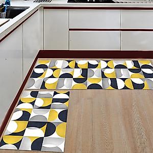 Middle Ages Kitchen Rug Set 2 Piece, Non Slip Kitchen Rugs and Mats Cushioned Anti Fatigue Kitchen Floor Mat Comfort Standing Kitchen Mat Set Yellow Grey Geometric Circle Vintage Art Pattern