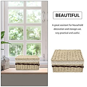 Homoyoyo Collapsible Laundry Baskets Wicker Storage Baskets Seagrass Storage Basket Bin Rectangular Wicker Basket with Lid for Shelves and Home Organizer Beige Small Storage Baskets Woven Baskets