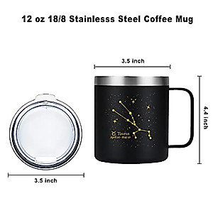 LiqCool Taurus Gifts for Women, Taurus Zodiac Gifts, Taurus Coffee Mug, Astrology Gifts for Men, Constellation Mug, Taurus Birthday Gift for Women, Stainless Steel Cup with Lid Handle (12oz, Black)