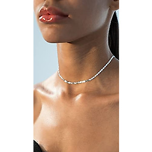 Miabella 925 Sterling Silver Figaro, Beaded Singapore, Sparkle, Cuban Link Chain, Adjustable Sterling Silver Choker Necklace for Women Made in Italy (Sparkle, Length 15+2 Inches)