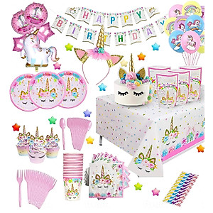Unicorn Party Decorations and Supplies, 179 Pc. Set, Colorful Happy Birthday Theme for Girls with Banner, Balloons, Favor Goody Bags, Napkins, Utensils, Cups, and Cute Tiaras for Kids