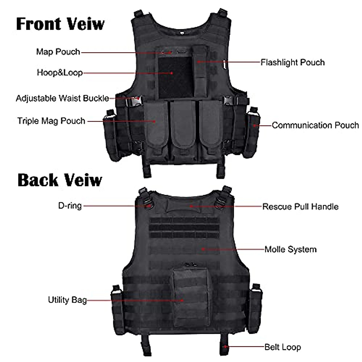 MGFLASHFORCE Tactical Airsoft Vest Adjustable Modular Paintball Vest (Black)