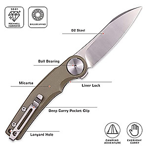XTOUC Pocket Knife, Folding Knife for EDC, Front Flipper Pocket Knife for Men, D2 Steel Blade, Micarta Handle,Deep Carry Pocket Clip, Everyday Carry Knife for Camping, Outdoor, Hiking DT105