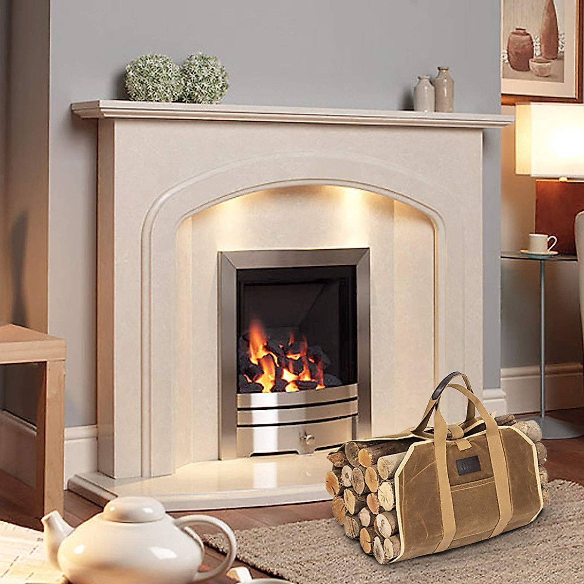 BHD Firewood Fireplace Carrier Logs Tote Holder 20 oz Waxed Canvas Sturdy Bag with Handles for Camping Indoor Outdoor Brown