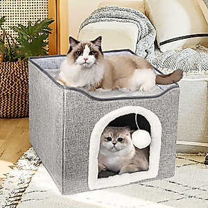 Heated Cat Bed for Indoor Cats, Foldable Cat House with Removable Heating Pad for Cats Small Dog Covered Cat Bed Cave Kitty Hideaway with with Scratch Pad, All Season Use