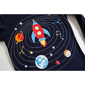 Popshion Little Boys Long Sleeve Pajamas for Boys 100% Cotton Toddler Space Rocket Sleepwear Clothes Set(Planet-6229 6T)