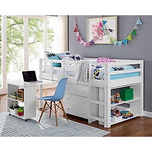 Naomi Home Twin Size Loft Bed with Storage, Desk, Cabinet Ladder, Low Study Pine Wood for Kids, Safety Guard Rails, Bookcase Shelf, White