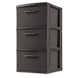 Sterilite 3 Drawer Weave Storage Tower, Plastic Decorative Drawers to Organize Clothes in Bedroom, Closet, Brown with Brown Drawers, 2-Pack