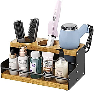 DOKU Wood and Metal Hair Dryer Holder, Countertop Hair Tool Organizer for Bathroom, Countertop Blow Dryer Holder Hair Styling Vanity Caddy Storage for Makeup, Accessories, Toiletries