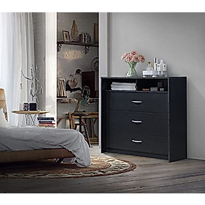 Hodedah 3-Drawer 1-Open Shelf 2 Compartments Dresser, Black