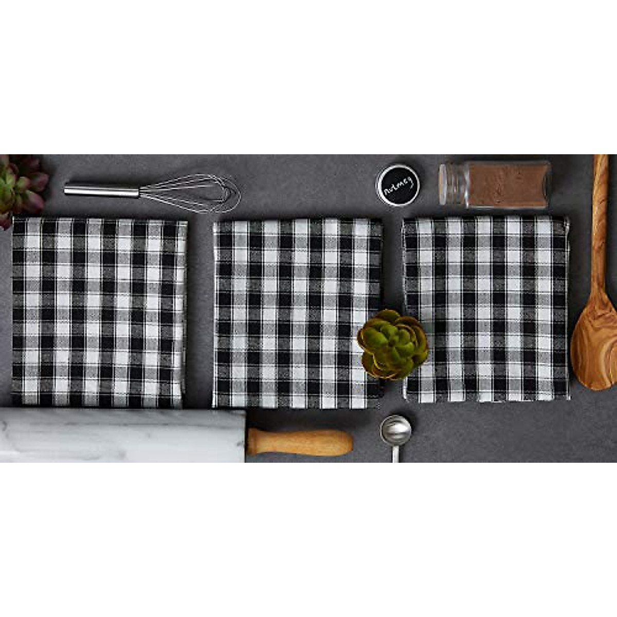 DII French Check Kitchen Collection Decorative Oversized Cotton Dishtowels, 18x28, Black/White, 4 Piece