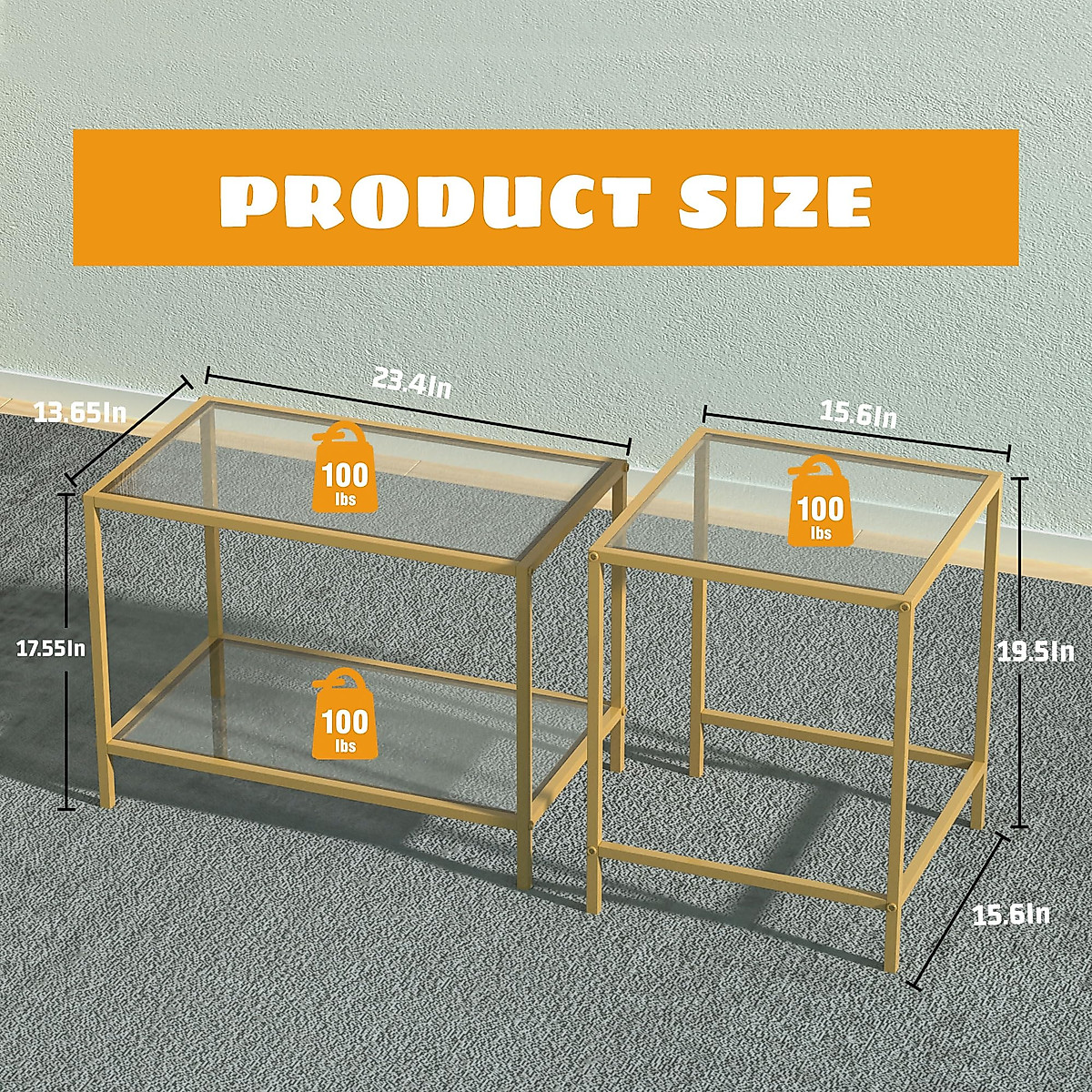 Coffee Table Set of 2,Gold Glass Nesting Coffee Side End Table,Square Modern Center Table for Living Room,Bedroom and Small Spaces,Tempered Glass-top with Sturdy Metal Frame, Easy Assembly