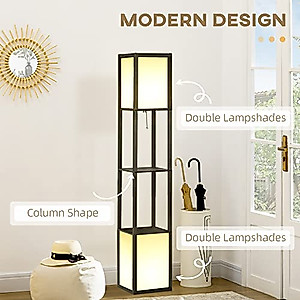 HOMCOM Modern Floor Lamp with Shelves & Dual Ambient Lighting, Tall Standing Lamp for Living Room, Bedroom with Fabric Lampshade (Bulb not Included), Black