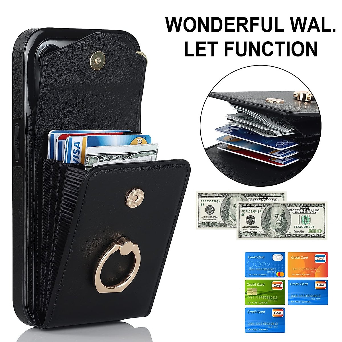 XYAJUANG Phone Case Compatible with iPhone 14 Pro（6.1''），Leather Accordion Folding Wallet &Card Holder with RFID Shielding Material Phone Case ，with Adjustable Ring Holder and Lanyard (Black)