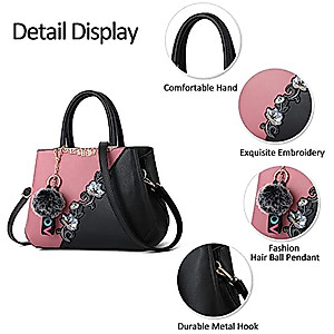 VARLIVOO Women Top-Handle Bag Flower Pattern Shoulder Bag Pom Pom Decoration Ladies Tote Bag Messenger Bag Travel Waterproof PU Leather