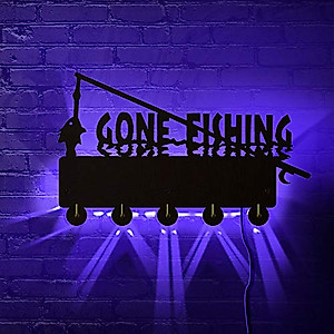 The Geeky Days Coat Wall Hooks with LED Backlight Handmade Wooden Gone Fishing Wall Hanger Fishing Art Decorative Towel Hooks Creative Nursery Wall Art Decor