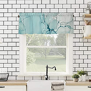 Kitchen Valances for Windows, Marble Texture Abstract Teal White Gold Glitter Splatter Kitchen Curtains, Kitchen Decor Short Curtains Rod Pocket Small Window Curtains, 54"x18" Bathroom Curtains Window