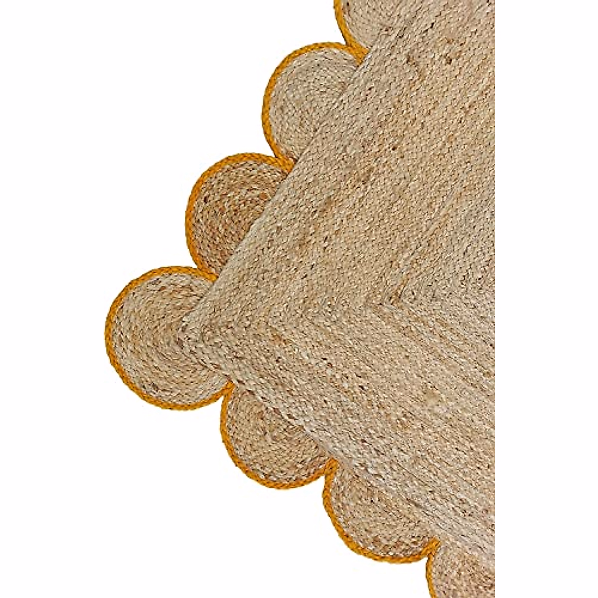 THE PIKKU INTERNATIONAL - Handmade Jute Rug Beige with Scallop Yellow Border Rectangle Hand Woven Farmhouse Jute Area Rug (7 x 11 ft)