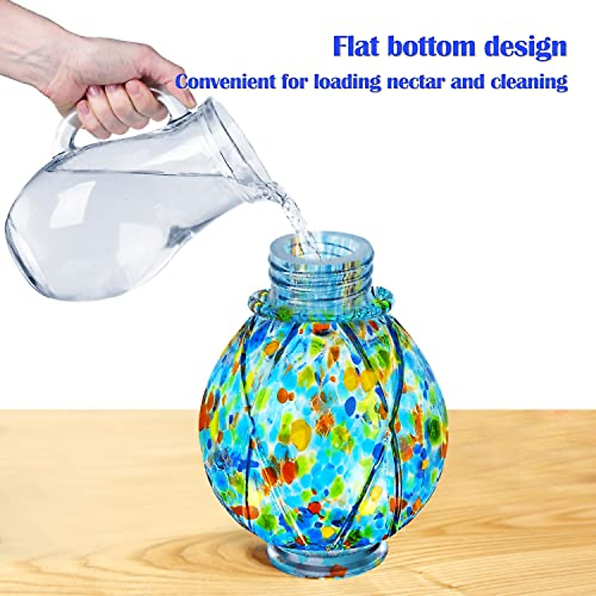 Hummingbird Feeder, Glass Hummingbird Feeder for Outdoors, Vibrant Colors Attract Hummingbirds, 18 Ounces, Netted Texture Ball Shape Bottle