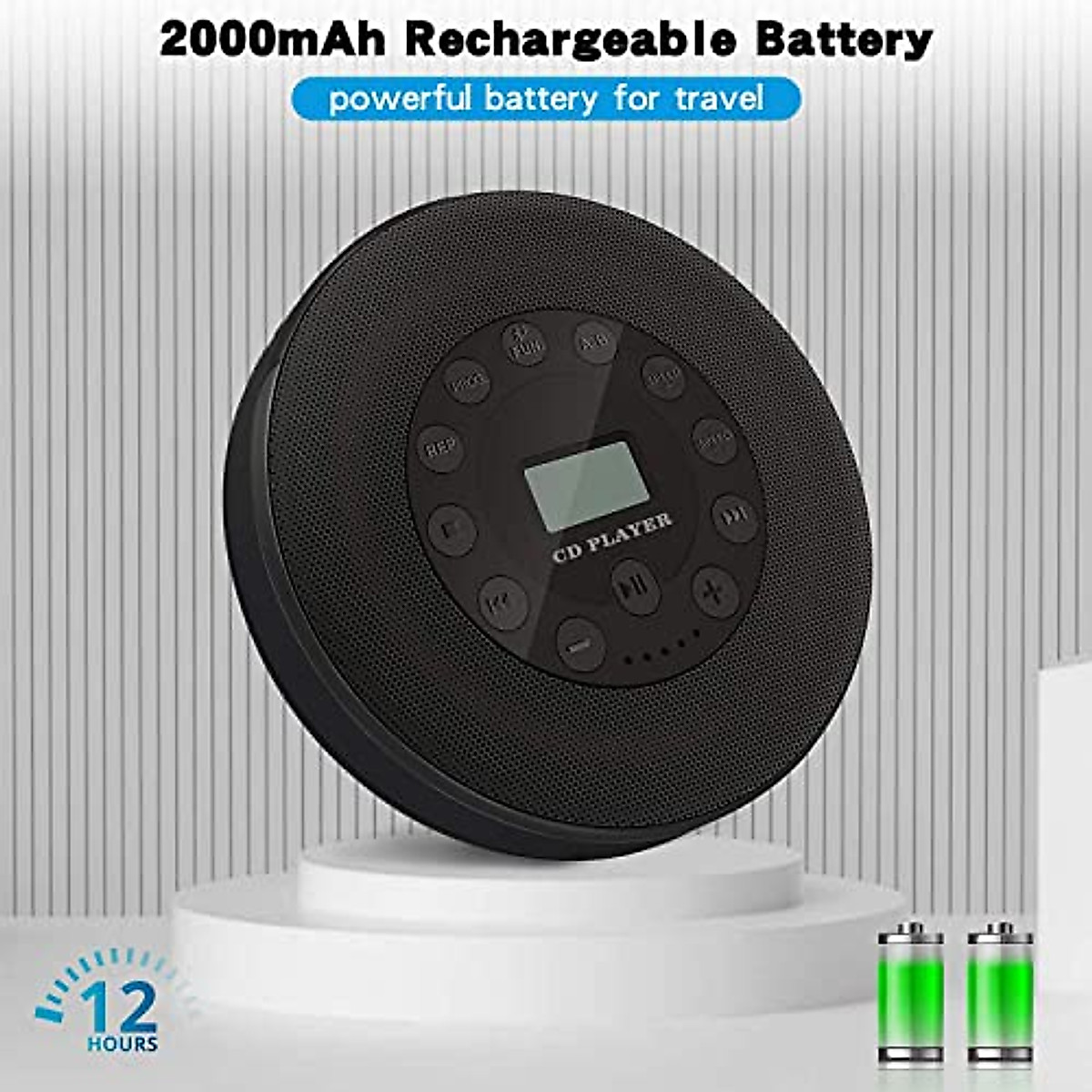 Rechargeable Portable Bluetooth CD Player,Lukasa CD Player Portable,Compact Music CD Disc Player for Car/Travel, Home Audio Boombox with Stereo Speaker & LCD Display,Support CD USB AUX Input,2000mAh