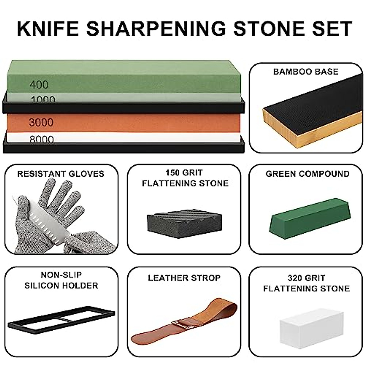 Bellsal Knife Sharpening Stone Whetstone Knife Sharpener Wet Stones Chisel Sharpening Kit Stones Leather Strop Honing Guide for Sharpeners Knives