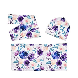 Newborn Receiving Blanket Girl, Stretchy Baby Swaddle Blankets Headband Hat Set, New Born Hospital Outfit Infant Shower Gift, 0-3 Months, Purple Floral