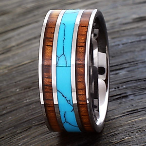King's Cross Magnificent X-Wide 10mm Mirror Polished Silver Tungsten Carbide Band Ring w/Blue Turquoise Inlay Between 2 Koa Wood Inlays. (Tungsten (10mm), 9)