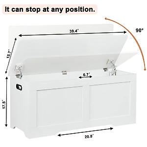 Timberer 39.4" Storage Chest, Wooden Storage Bench, Lift Top Toy Chest with 2 Safety Hinges, Large Toy Box, Entryway Bench for Living Room, Bedroom, White
