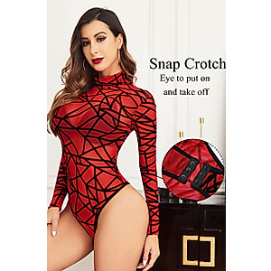 Avidlove Bodysuits for Going Out Women Halloween Tops Lace Mesh Geo Print Shirt Party Night Outfits Red