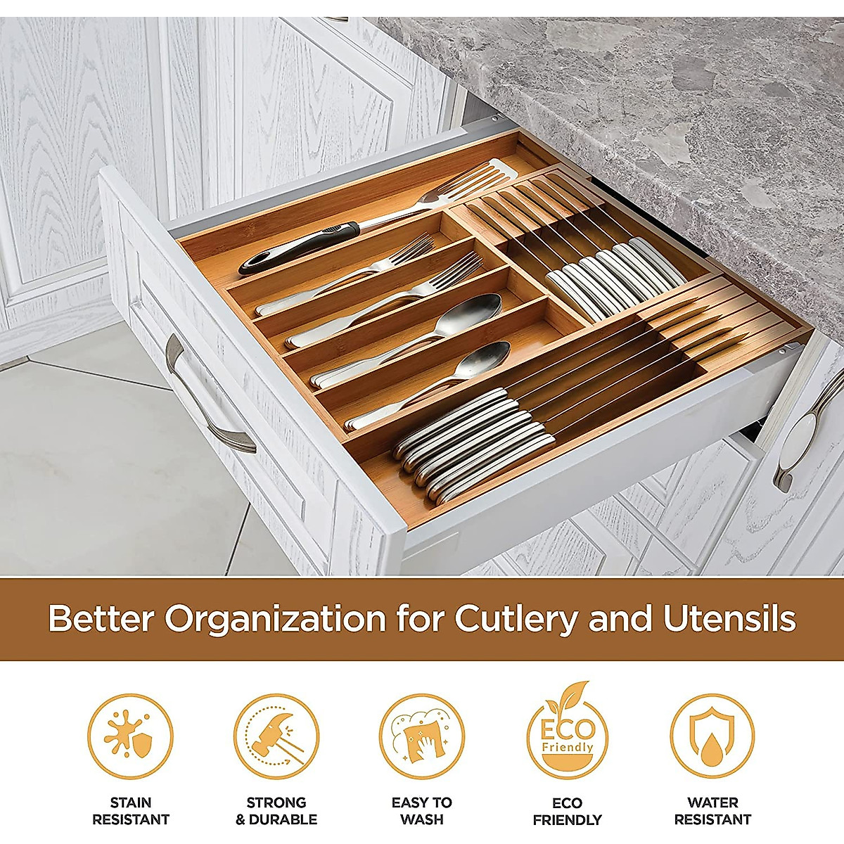 Bamboo Corner Kitchen Shelf and Utensil Organizer for Kitchen Drawers