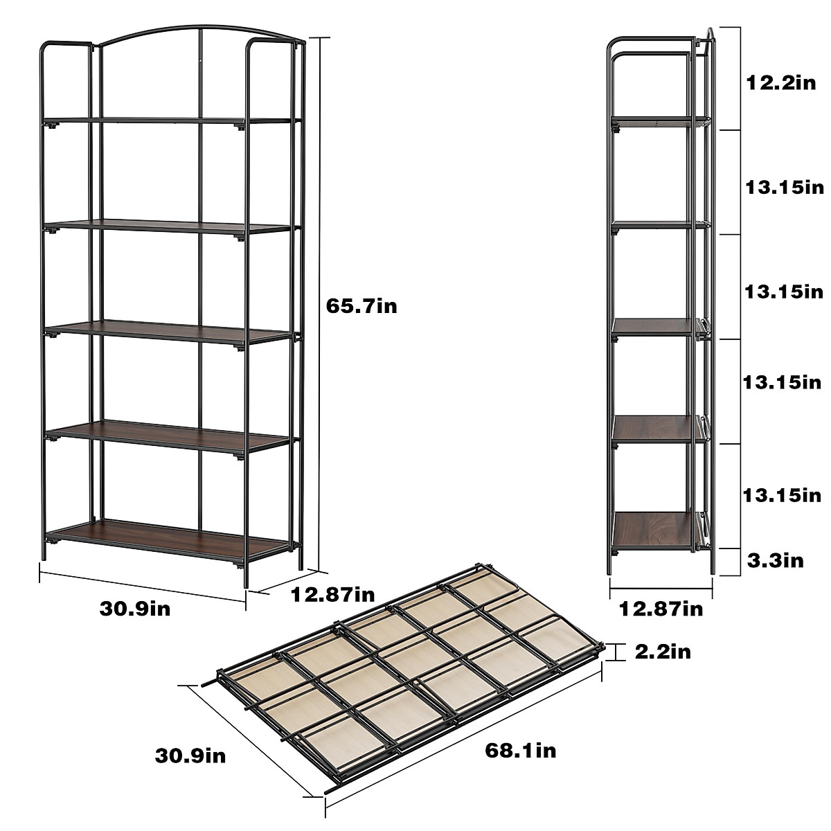 Crofy No Assembly Folding Bookshelf for Living Room, 5 Tier Black Collapsible Book Shelf for Home Office, Portable Bookcase Storage Organizer