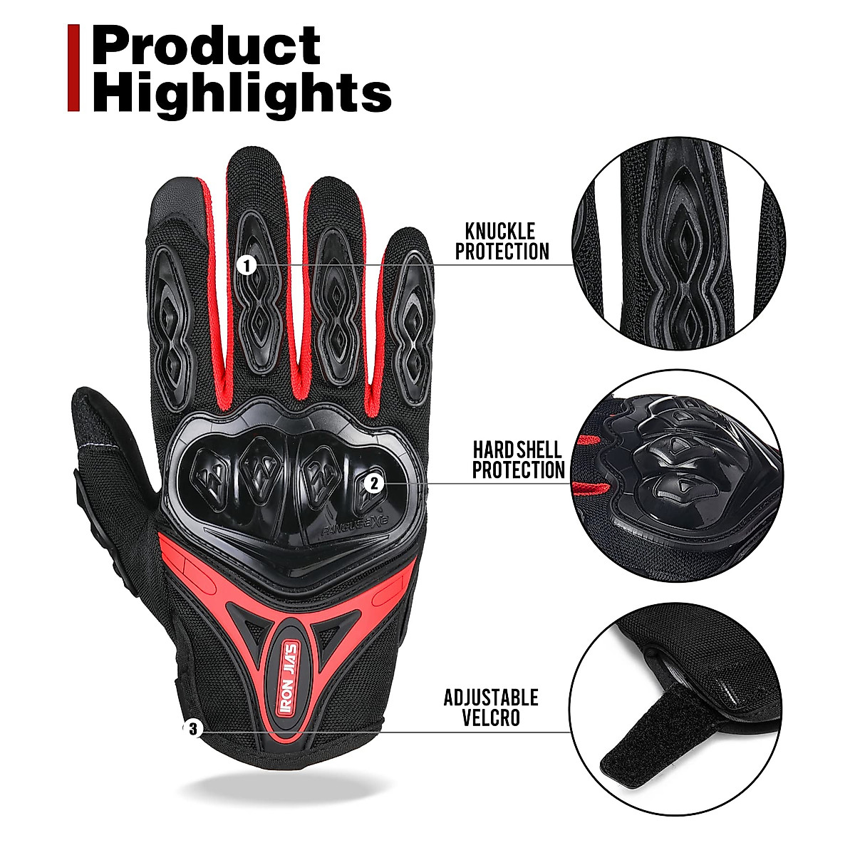 IRON JIA'S Motorcycle Gloves Full Finger Durable for Road Racing Bike Summer Spring Powersports Support Touch Screen red-L