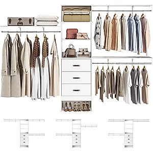 Armocity 120 Inches Closet System, 10FT Walk In Closet Organizer with 3 Shelving Towers, Heavy Duty Clothes Rack with 3 Drawers, Built-In Garment Rack, 120" L x 16" W x 75" H, Max Load 1300 LBS, White
