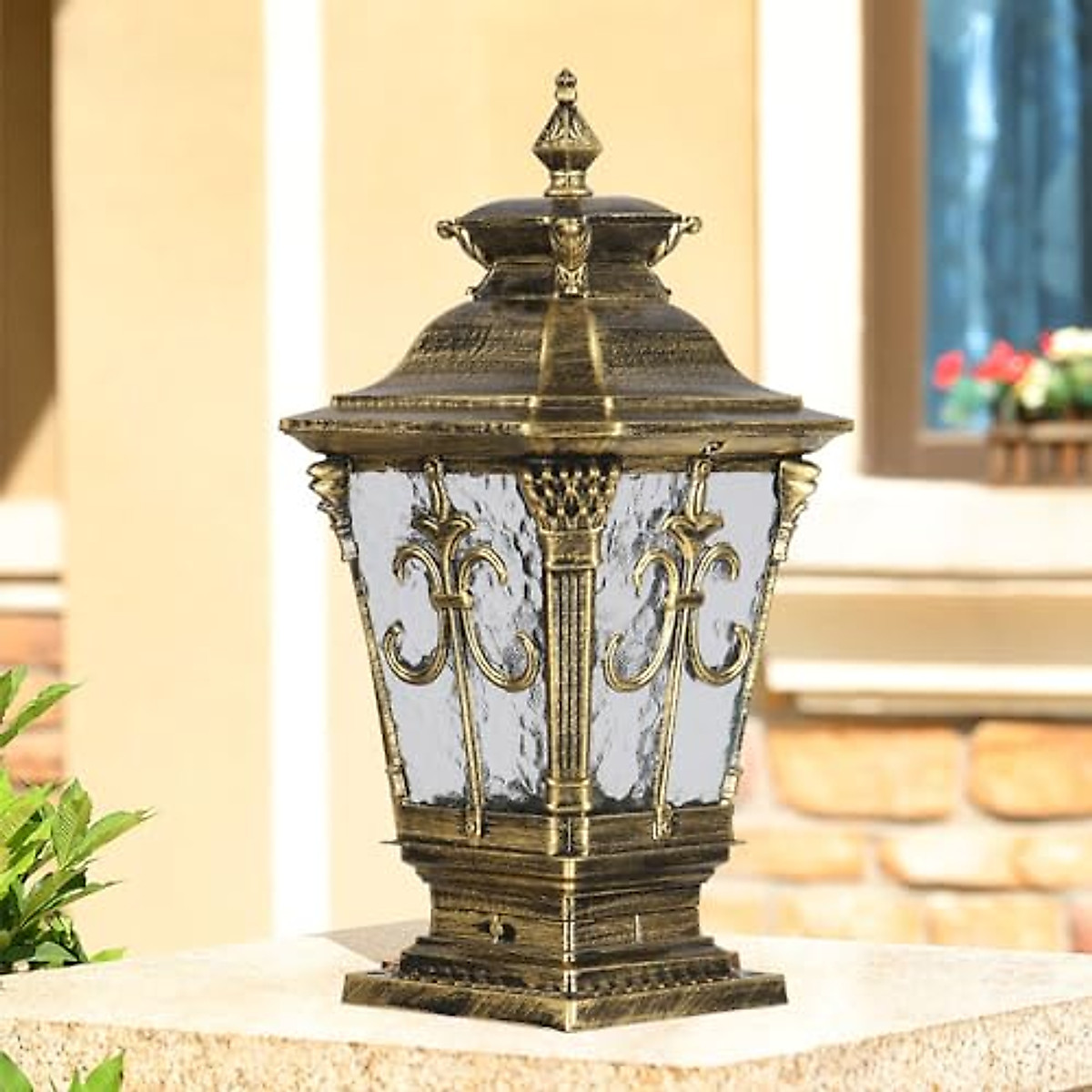 Bronze Waterproof Post Light Outdoor Villa Garden Landscape Decoration Pillar Lantern Arrow Flower Pattern Square Retro Pole Light Water Textured Glass Lamp Shade