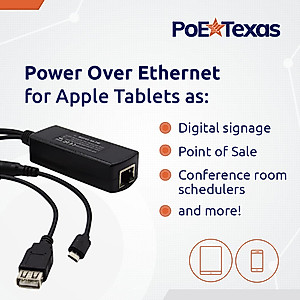 PoE Texas GAF-USB | 802.3af PoE Splitter Compatible with iPads and Tablets with 5 Volt 10 Watt Output - Includes USB-A and Micro-USB adapters