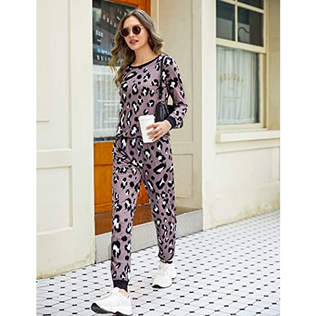 Ekouaer Pajamas Womens Cotton Knit Lounge Set Long Sleeve Top and Pants 2 Piece Loungewear Outfits with Pockets