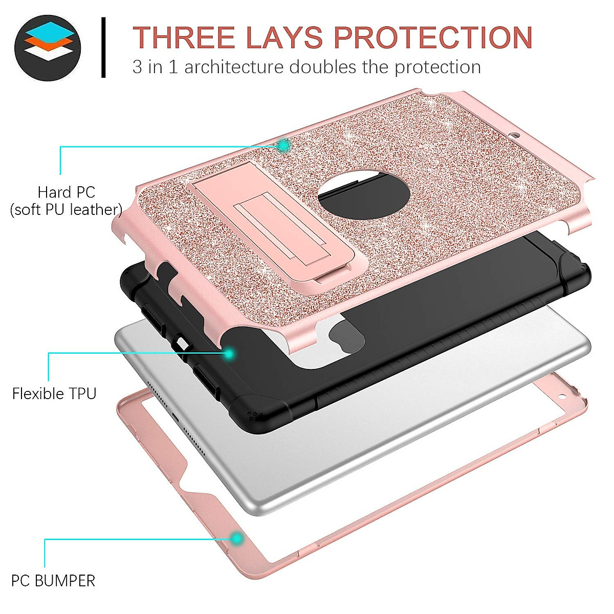 BENTOBEN for iPad Air (3rd Gen) 10.5" 2019 Case, iPad Pro 10.5" 2017 Case,Glitter Sparkly 3 Layers Heavy duty Shockproof Protective Hybrid Hard PC TPU Bumper Kickstand Kids iPad Air 3 Cover, Rose Gold
